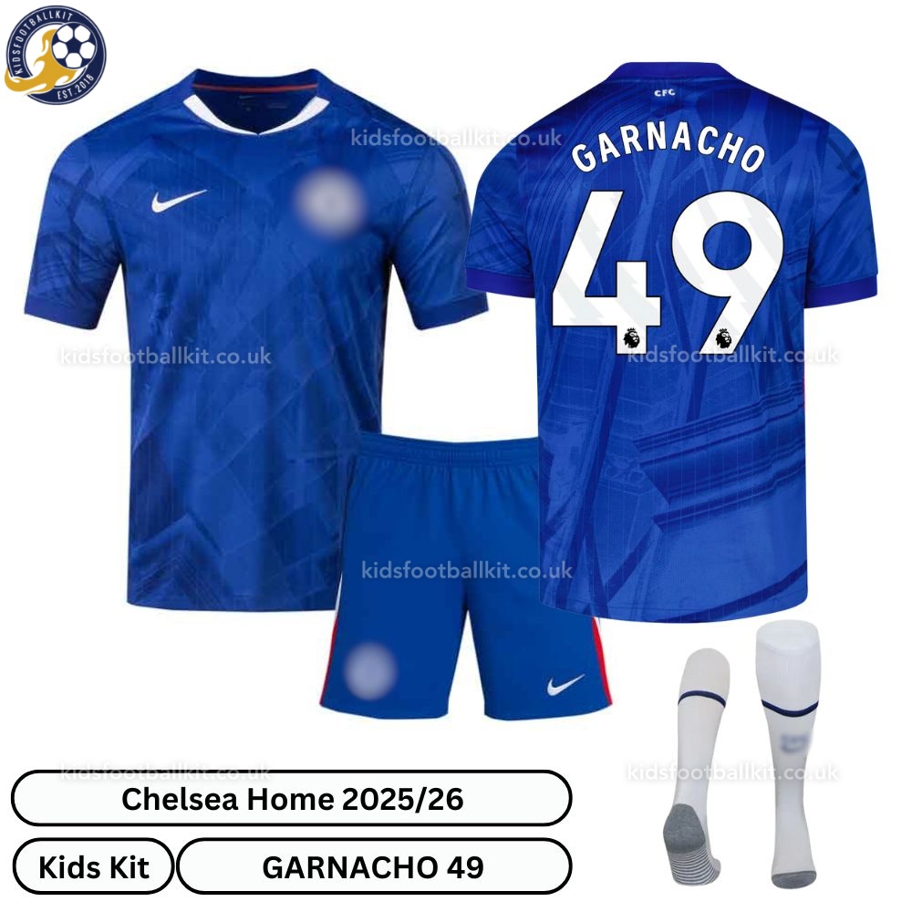 Chelsea Home Kids Football Kit 2025/26 - GARNACHO 49 (With Socks ...