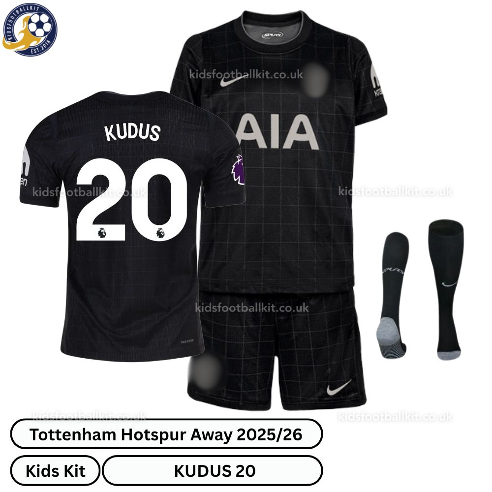 Tottenham Hotspur Away Kids Football Kit 2025/26 - KUDUS 20 (With socks ...