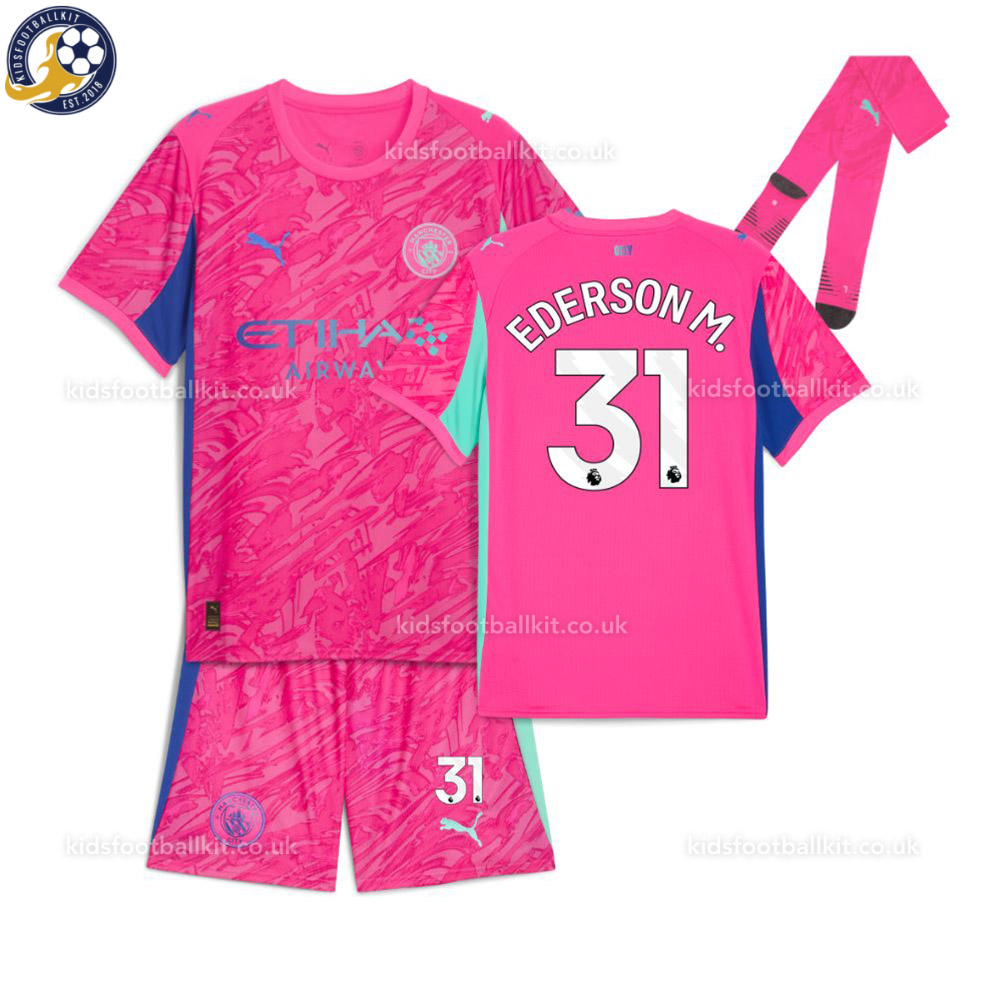 Manchester City EDERSON M. 31 Pink Goalkeeper Kids Football Kit 2025/26 ...