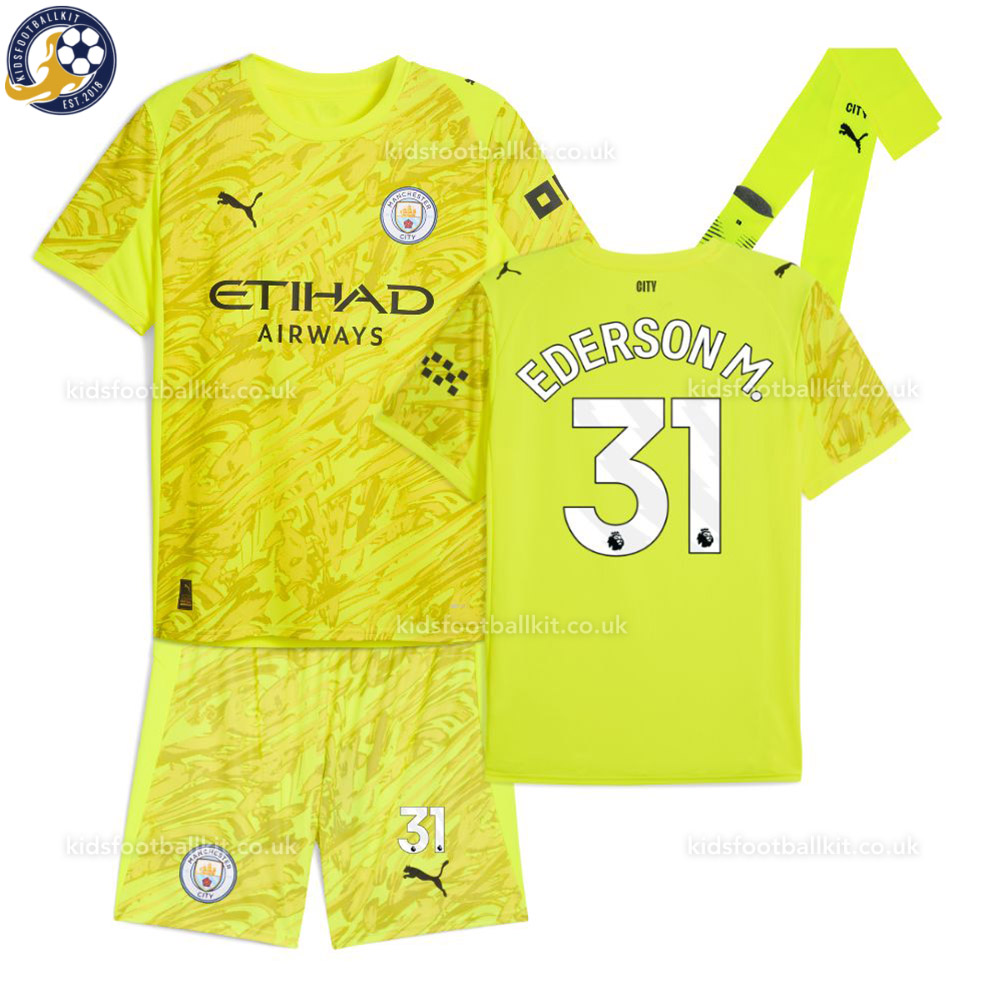Manchester City EDERSON M. 31 Yellow Goalkeeper Kids Football Kit 2025/ ...