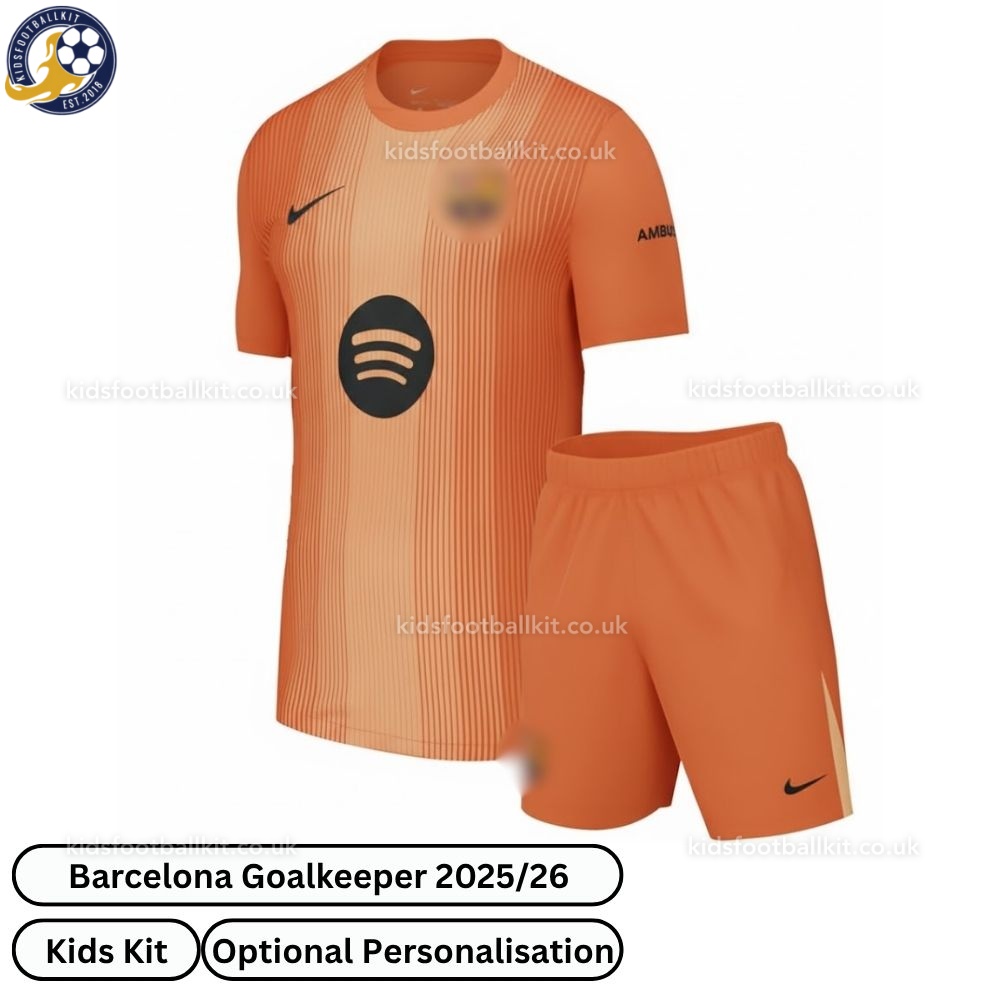 Barcelona Goalkeeper Kids Football Kit 2025/26 (No socks) - Orange ...