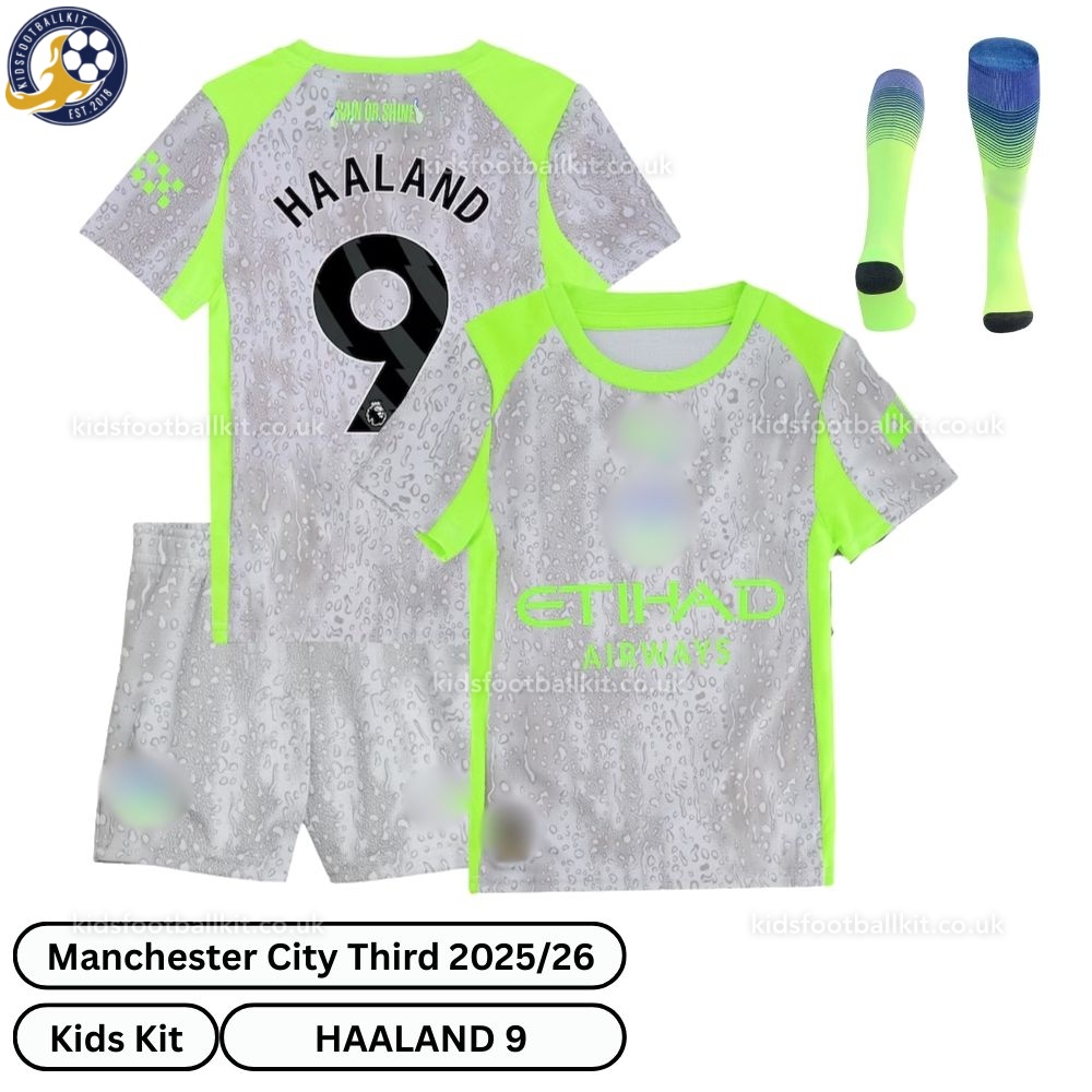 Manchester City Third Kids Football Kit 2025/26 - HAALAND 9 (With Socks ...